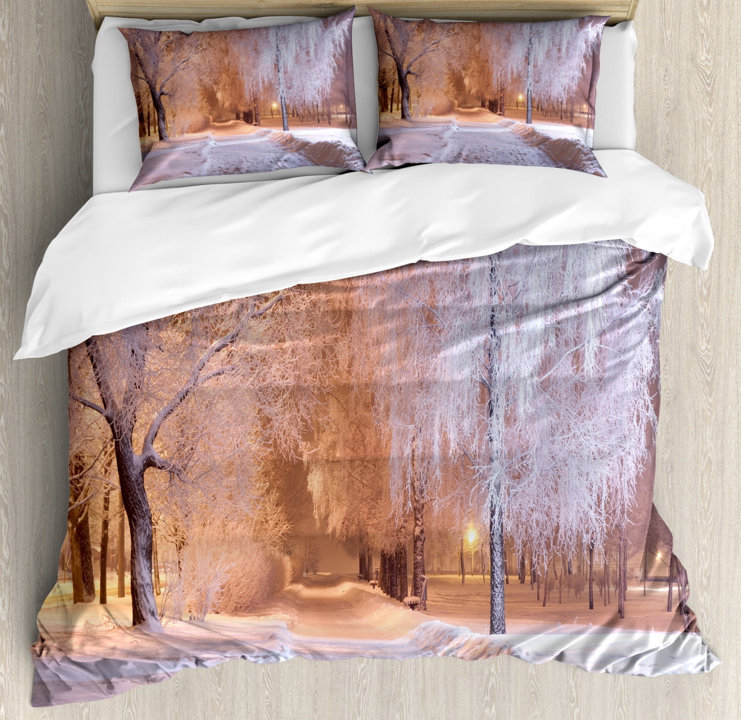 Winter King Size Duvet Cover Set, Winter Night Scenery with Frozen ...