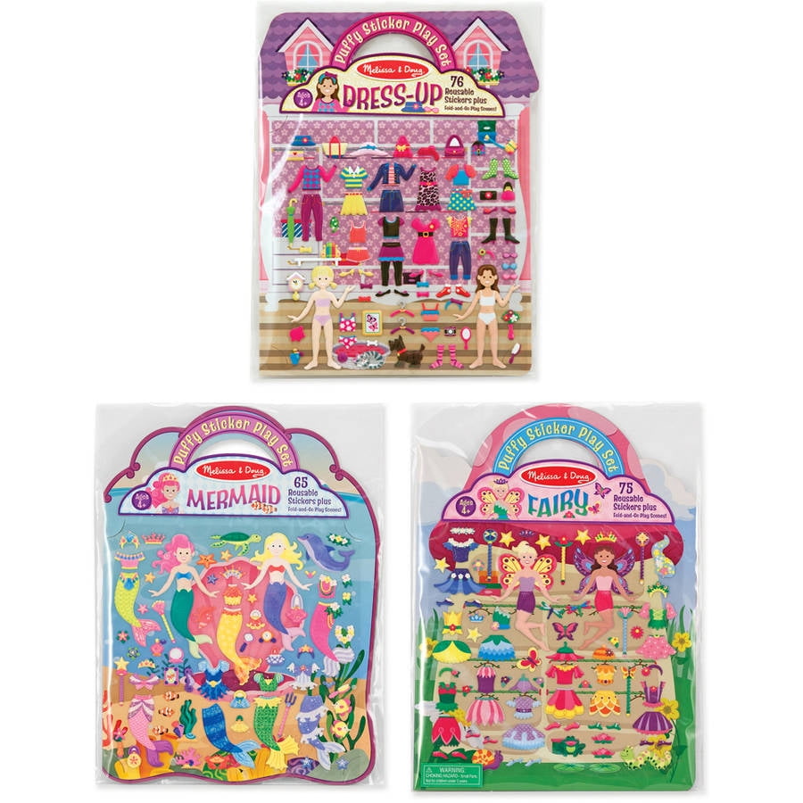 Melissa & Doug Puffy Sticker Pads Set: Fairy, Dress-Up, and Mermaid ...