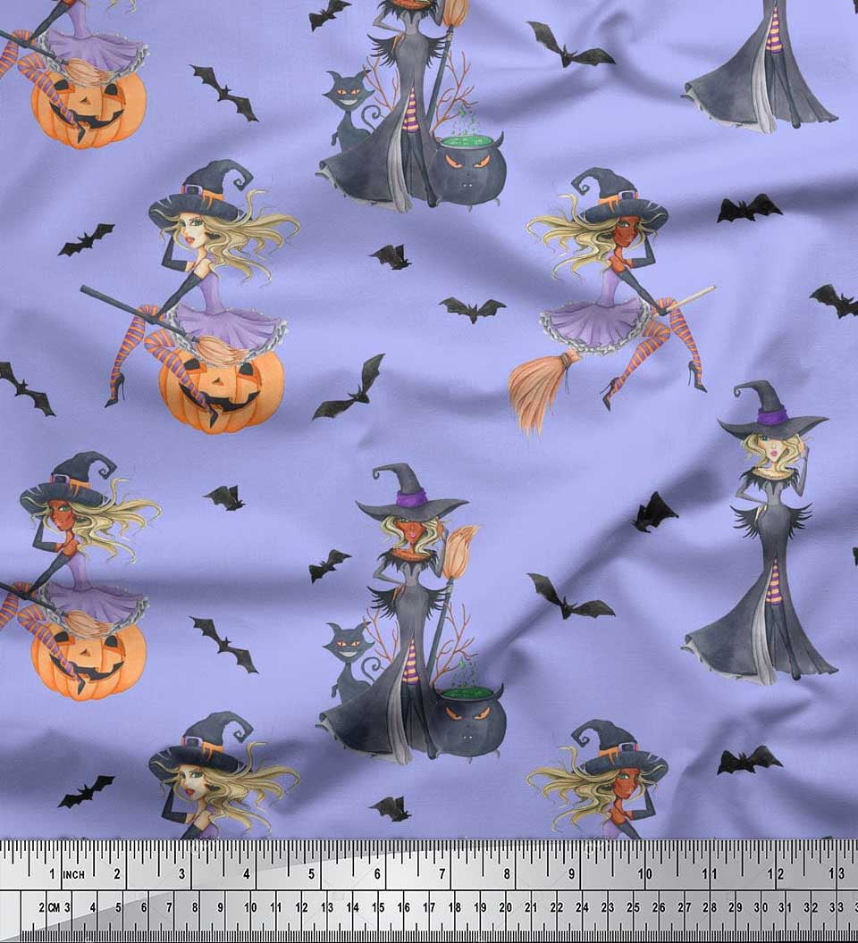 Soimoi Satin Silk Fabric Magic Potion,Bat & Witch Halloween Print ...