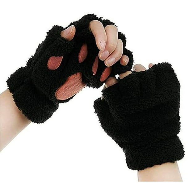 qolati Winter Plush Faux Fur Gloves for Women Cute Puffy Half Finger Bears Gloves Soft Warm Fuzzy Fleece Fingerless Mittens Walmart Business Supplies