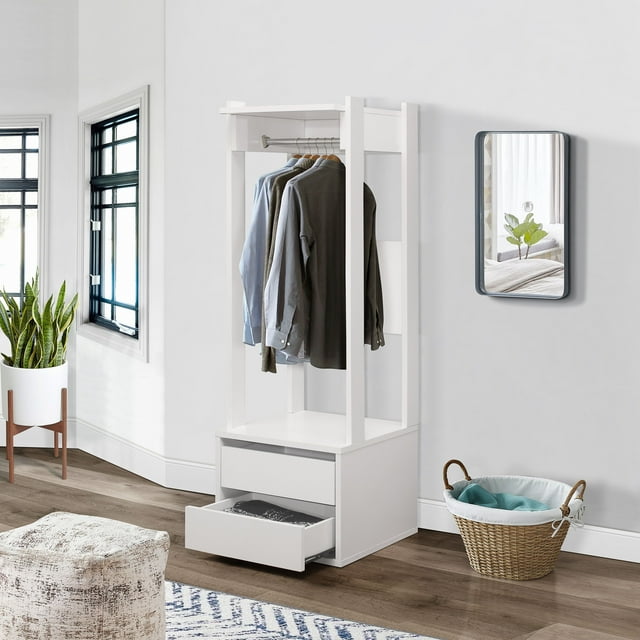 Headland Modern Garment Rack Hall Tree with Storage Drawers, White Wood ...