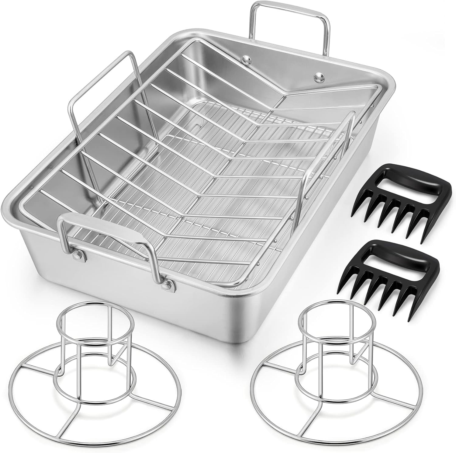Roasting Pan Set (8 PCS) 14 Inch Stainless Steel Turkey Roaster Pan ...