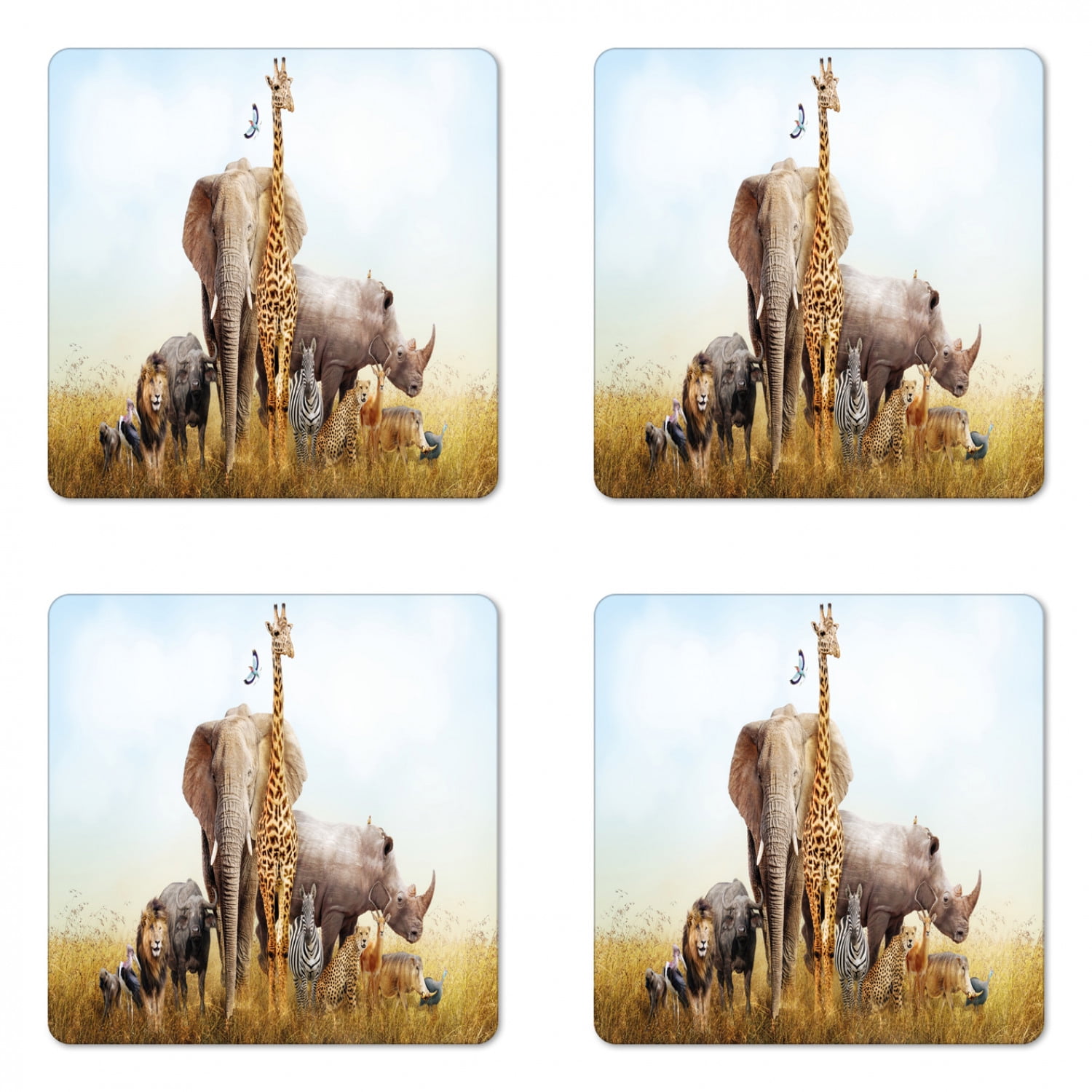 Giraffe Coaster Set of 4, Grasslands of Kenya African Safari Elephant ...