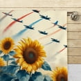 blue and white kitchen towels A group of fighter jets flying over a ...