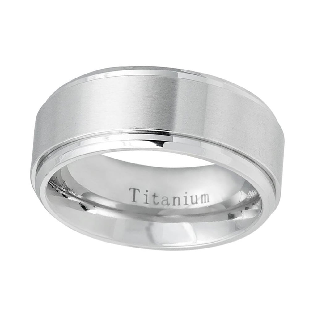 Men's Titanium Wedding Band Ring 9mm White Brushed Center Shiny Step ...