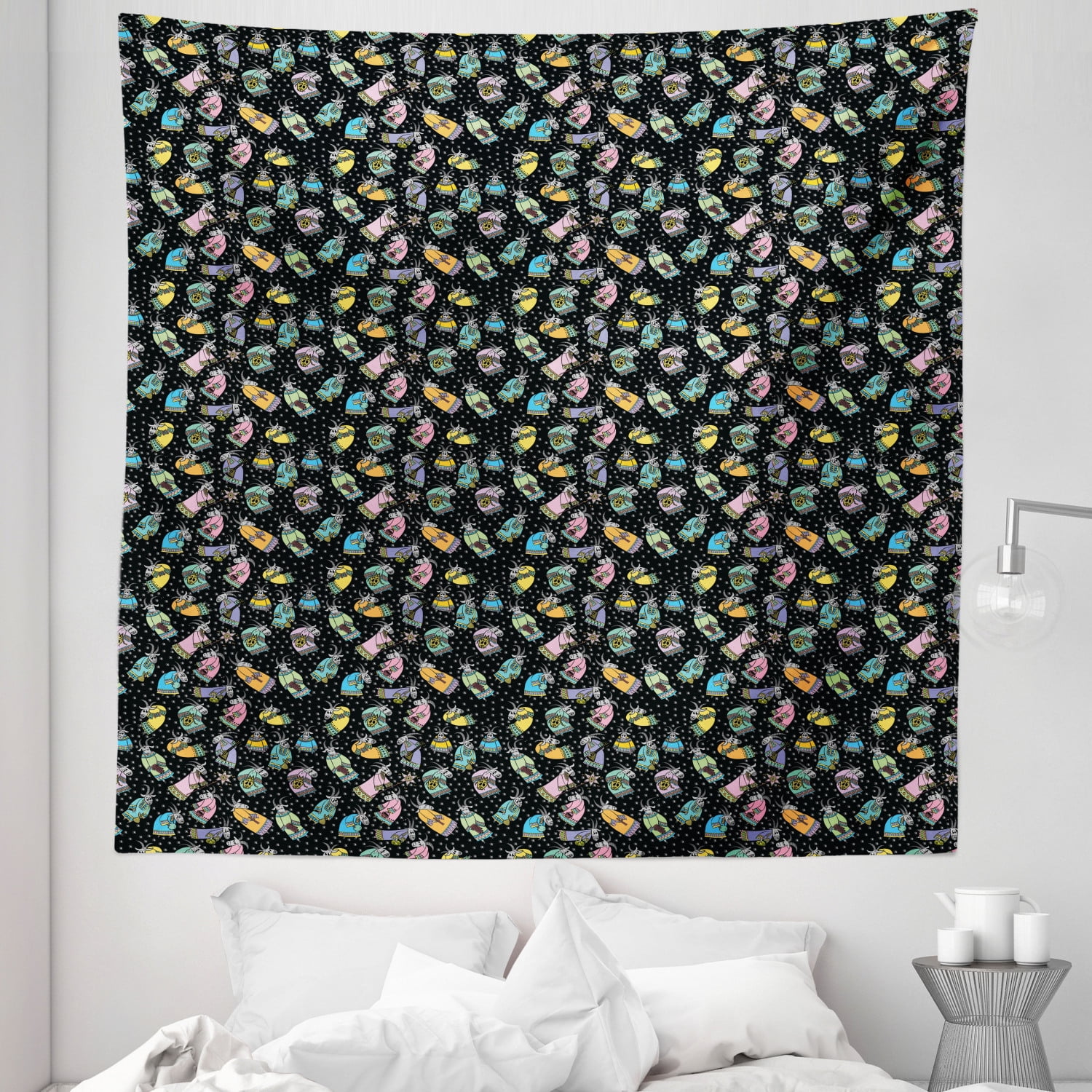 Goat Tapestry, Doodle Goats with Long Horns Wearing Colorful Clothes ...