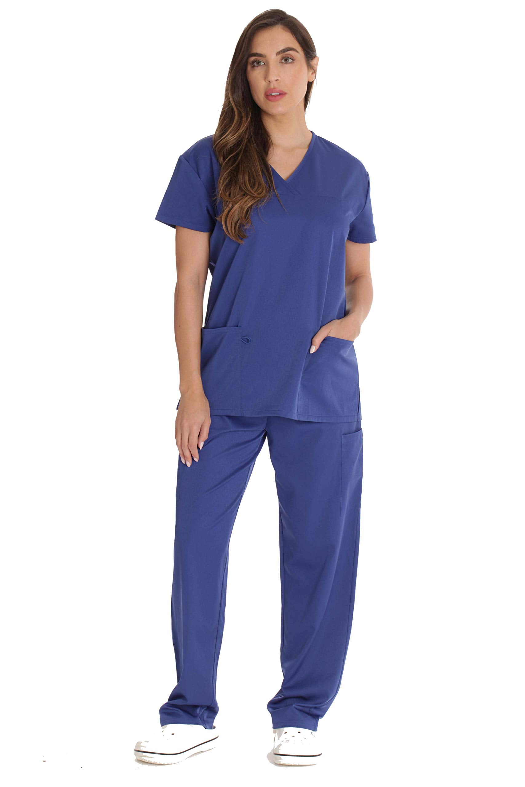 Just Love Solid Stretch Scrub Set for Women Stretchy Mock Wrap Top and ...