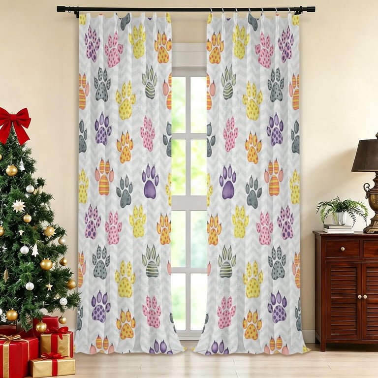 Dog Paw Print Rainbow Chevron Pattern Pinch Pleat Semi Sheer Linen ...
