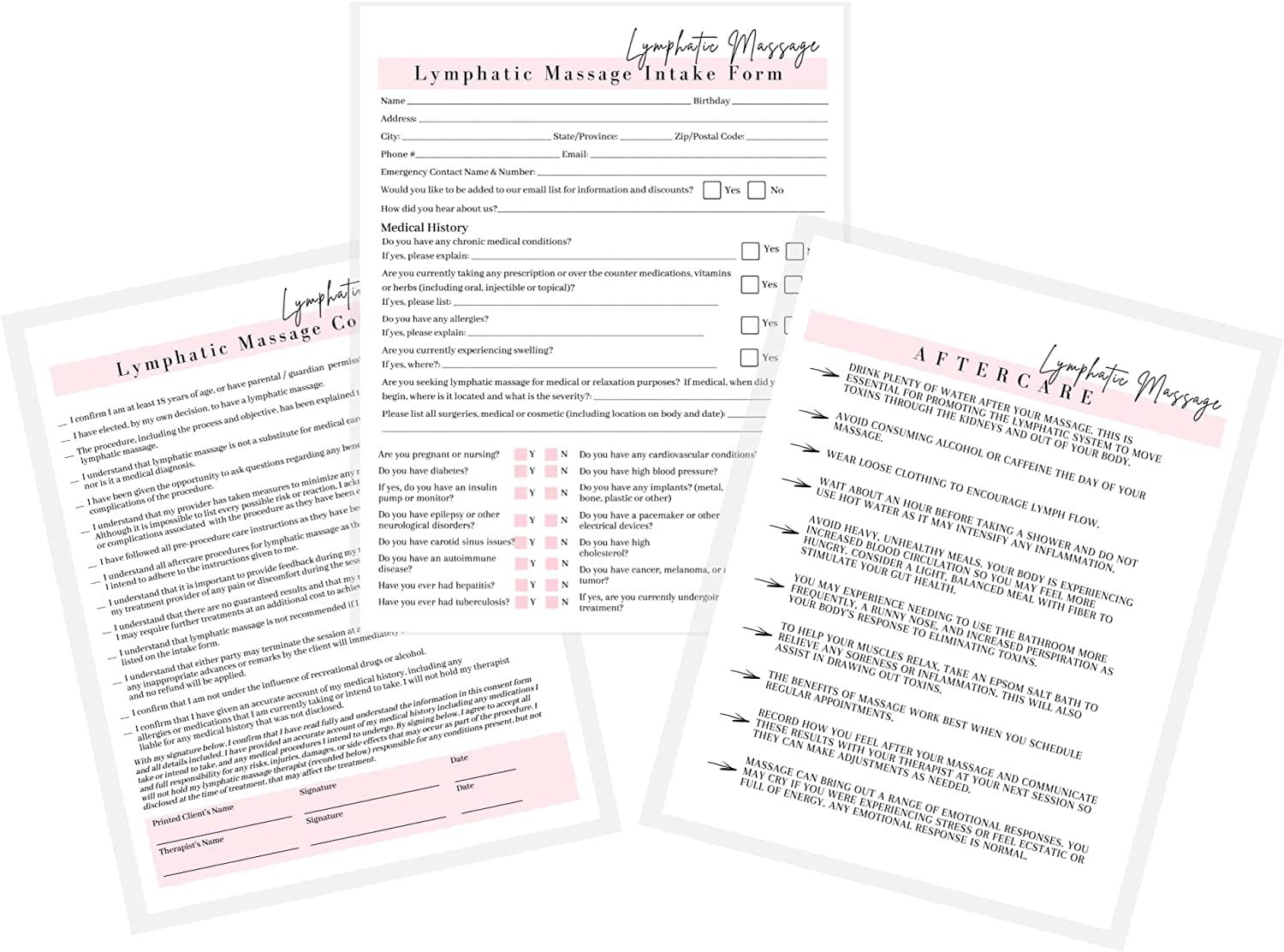 Lymphatic Massage Intake, Consent, and Aftercare Form 75 Pack 8.5 x 11 ...