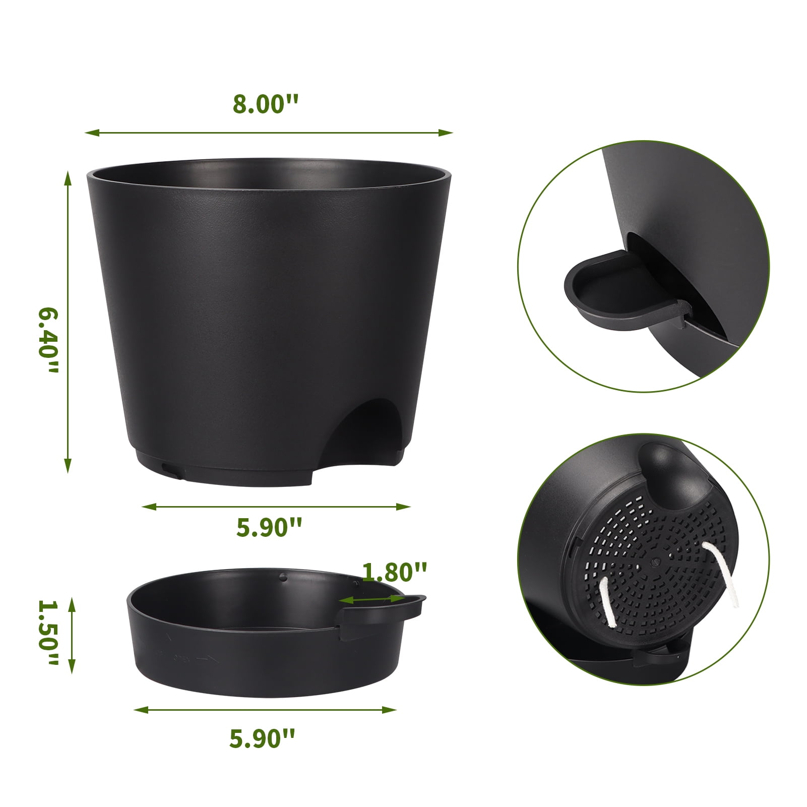 6 Pack 8-Inch Indoor/Outdoor Plant Pots, Black, Self Watering Planters ...
