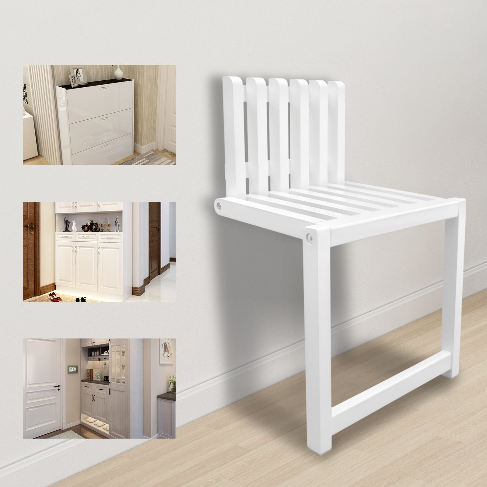 Folding Entryway Shoe Changing Stool White Wall Mounted Solid Wood ...