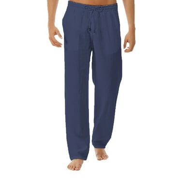 DYMADE Men's Casual Elastic Waist Pockets Drawstring Linen Pants ...