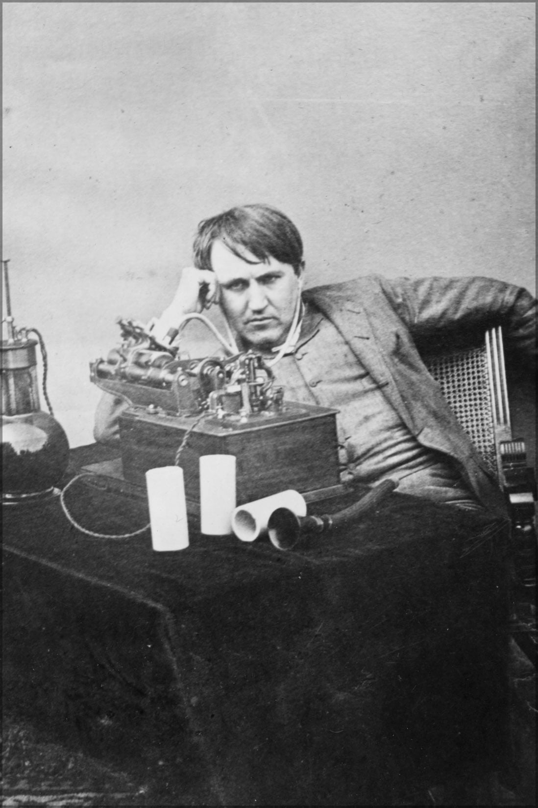 24"x36" Gallery Poster, Thomas Edison listening to wax cylinder ...