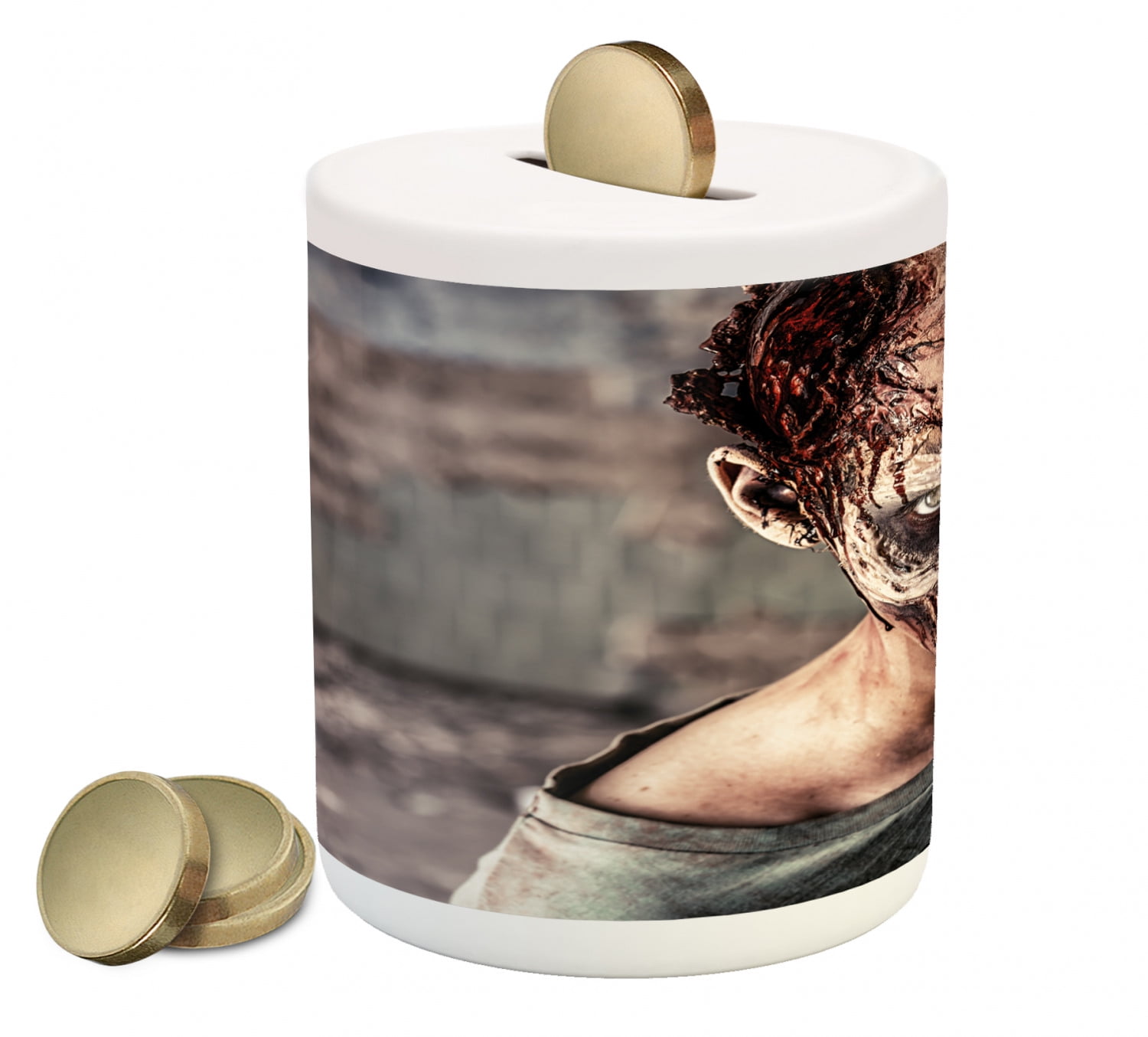 Zombie Piggy Bank, Dead Person in Ruined House with Creepy Looking ...