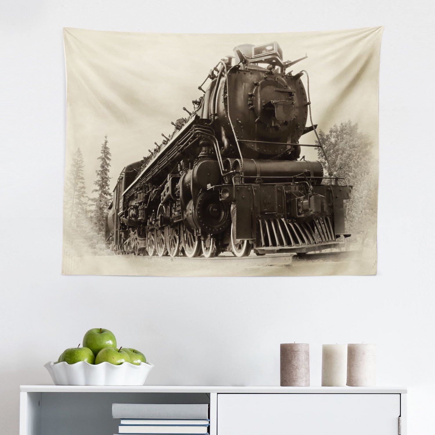 Steam Engine Tapestry, Vintage Locomotive in Countryside Scenery Green ...