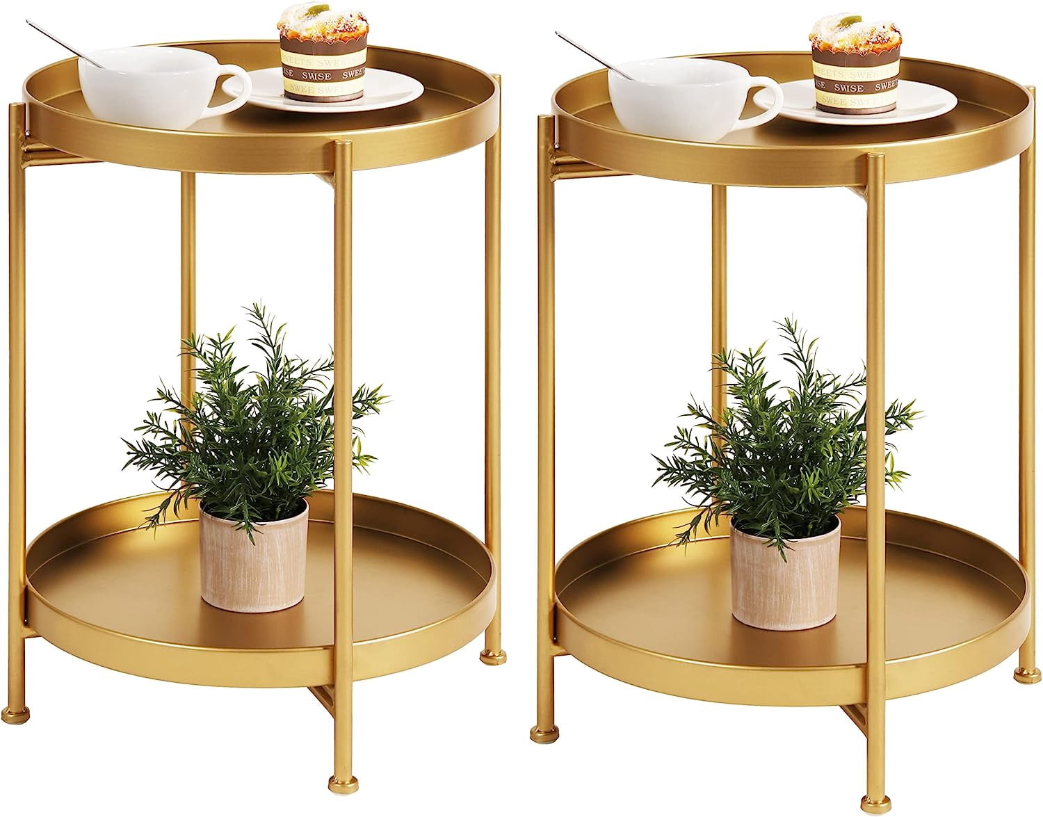 SHMAMT 2 Pack Round End Table Mental 2-Tier Side Table Nightstand/Small ...