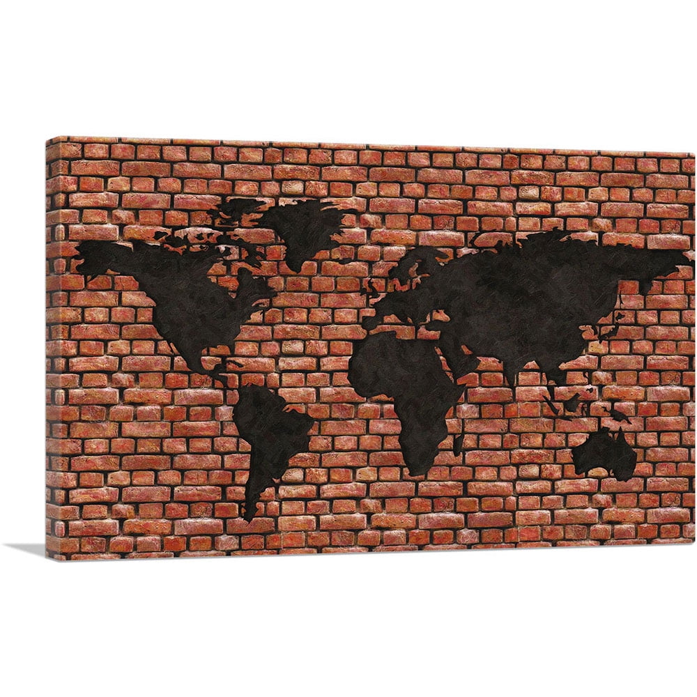 ARTCANVAS Printed Brick Photo Black World Map Globe Canvas Art Print ...