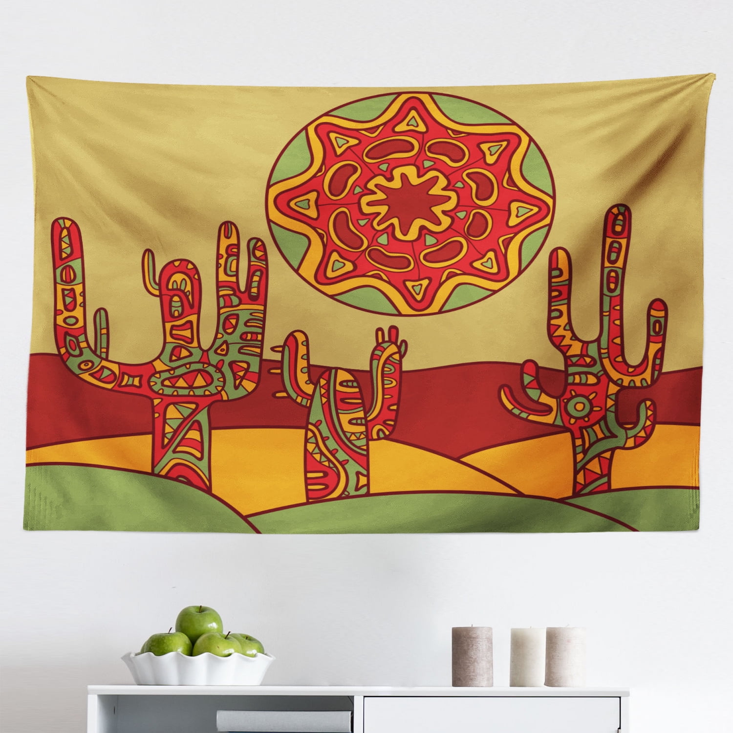 Cactus Tapestry, Vector Image with Cartoon Design Cactus Flowers ...