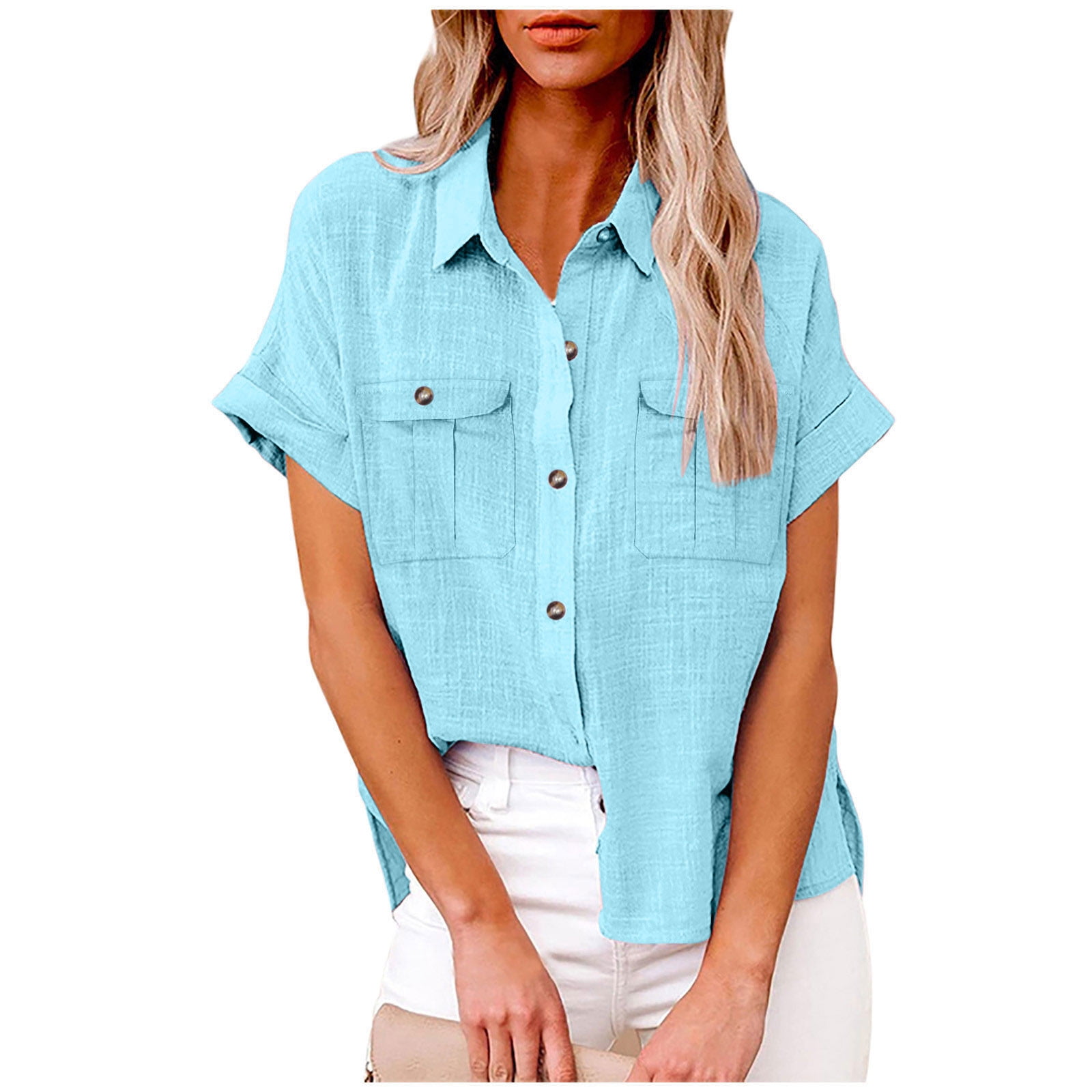 Click here for Fheaev Button Up Shirts For Women Roll Up Short Sl... prices
