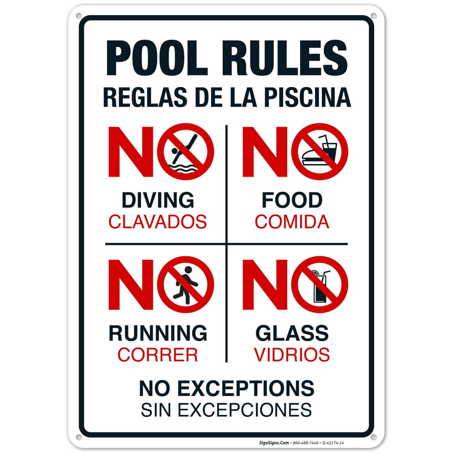 Bilingual Pool Rules Sign, No Diving No Running No Food No Glass, 10x14 ...