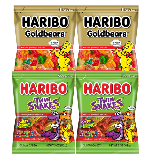 Haribo Gummi Candy- Haribo Sweet and Sour Twin Snakes 4oz & Goldbears ...