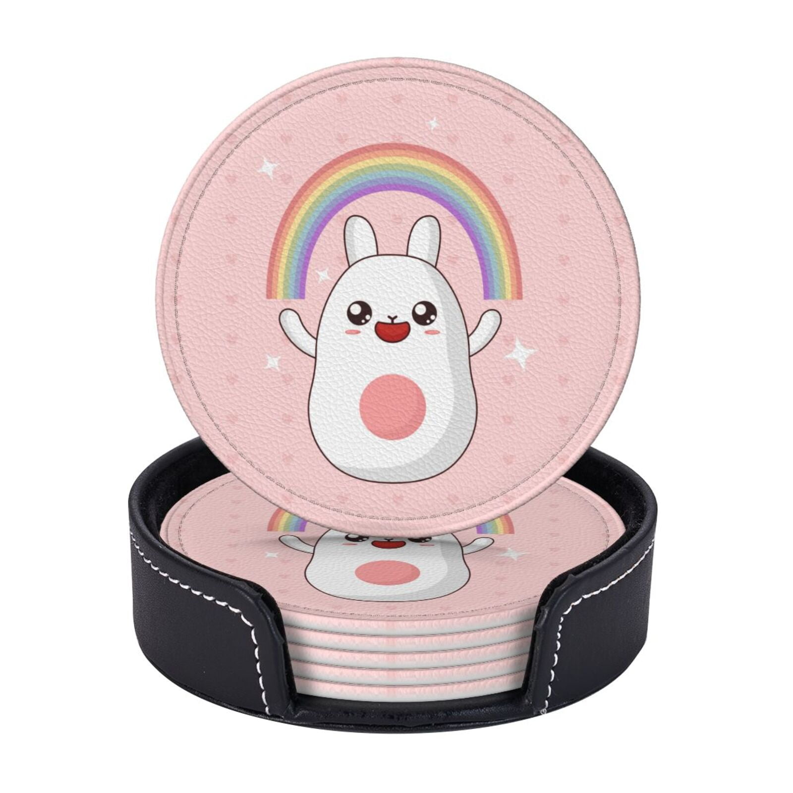 LNWH Coasters, Cute Rainbow Sweet Rabbit Leather Round Coasters Set of ...