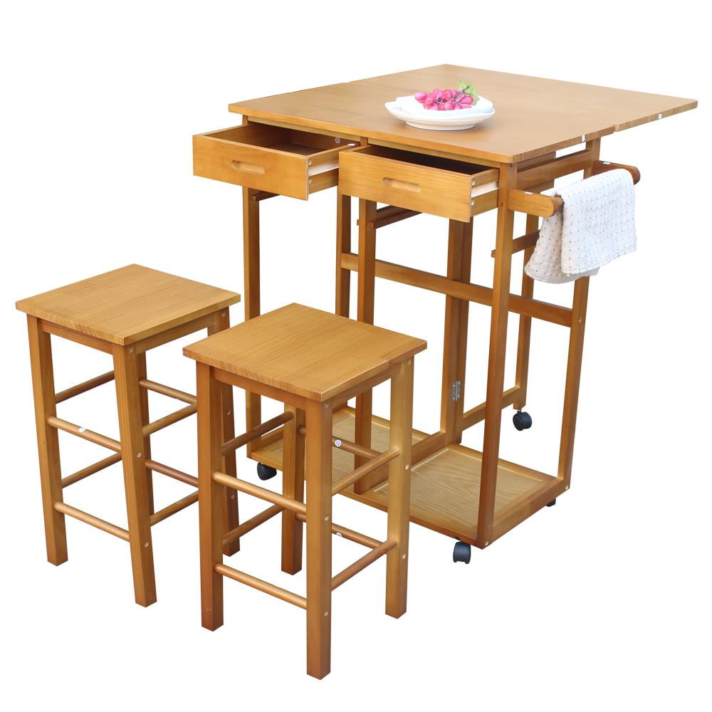 Zimtown Wood Kitchen Rolling Carts Kitchen Island Storage With 2 Stools ...