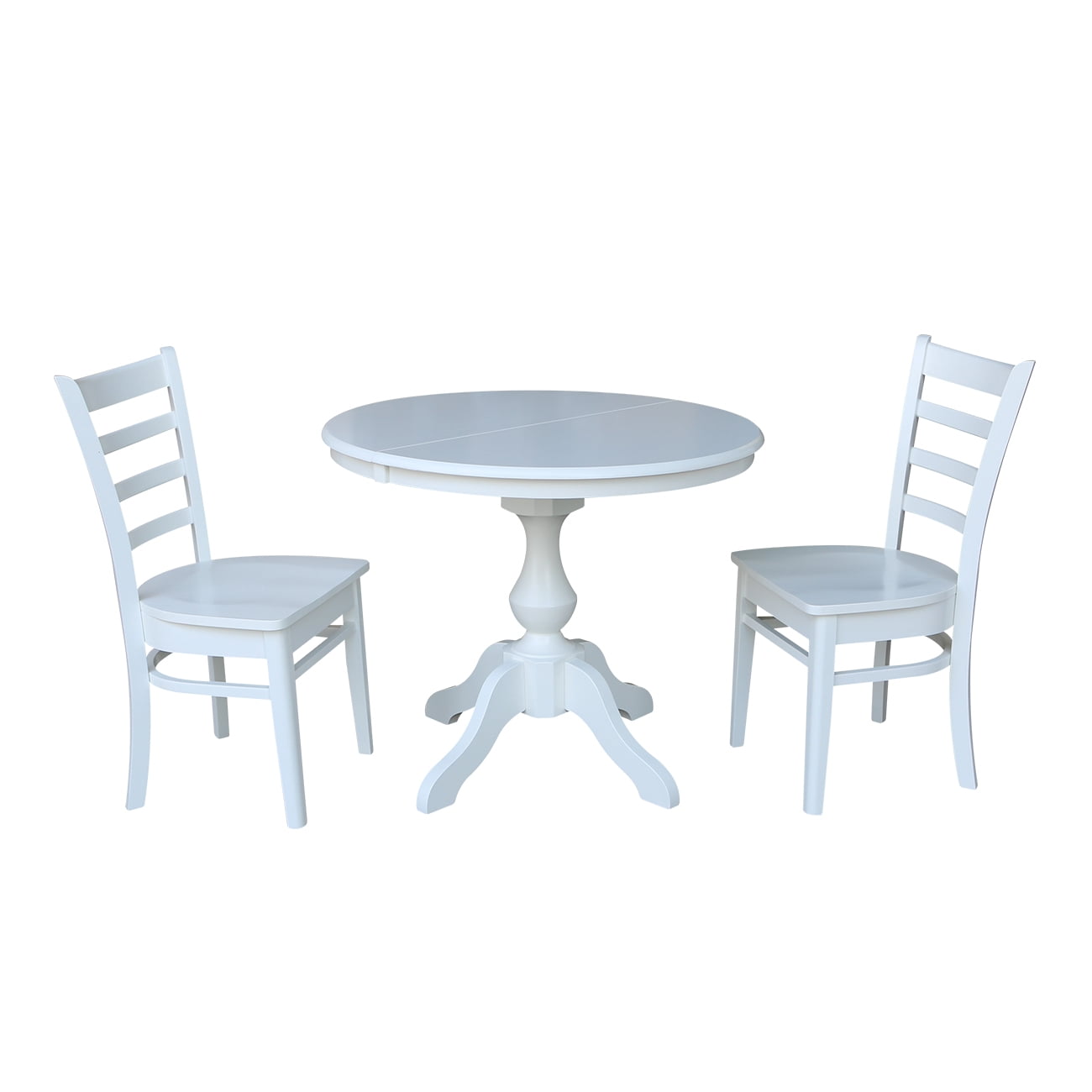 36" Round Dining Table with 12" Leaf and 2 Emily Chairs – White - 3 ...