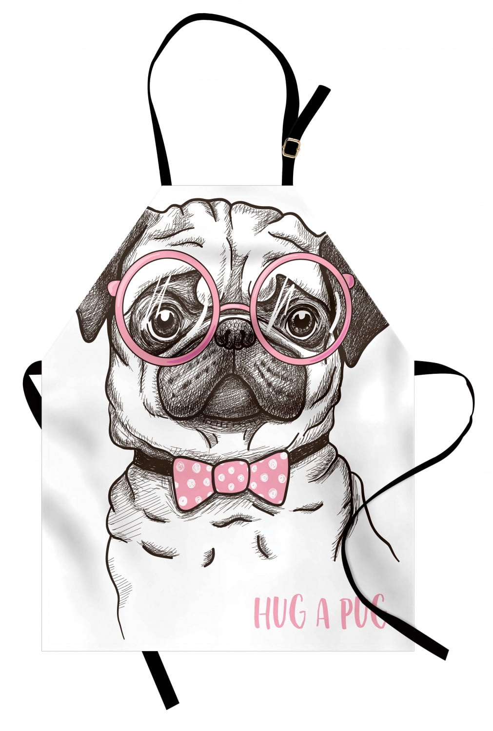 Pug Apron Cute Pet Dog with Pink Bow Tie Oversized Glasses Hand Drawn ...
