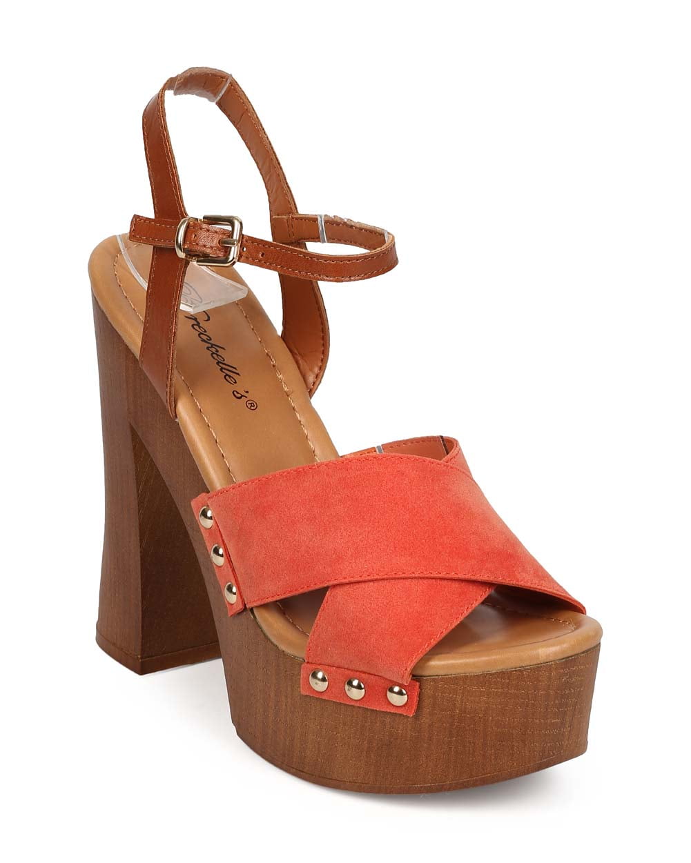 Breckelles EF02 Women Suede Peep Toe Criss Cross Retro Chunky Heel ...