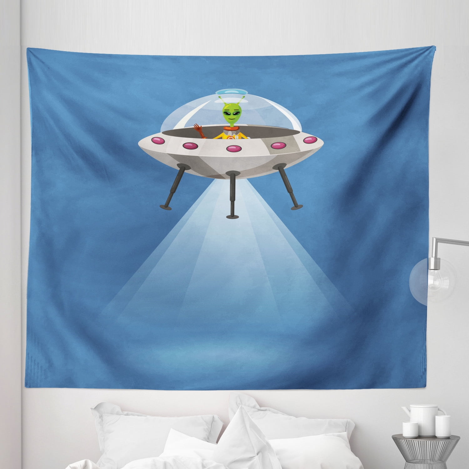 Alien Tapestry, Flying UFO with a Green Creature Waving ...
