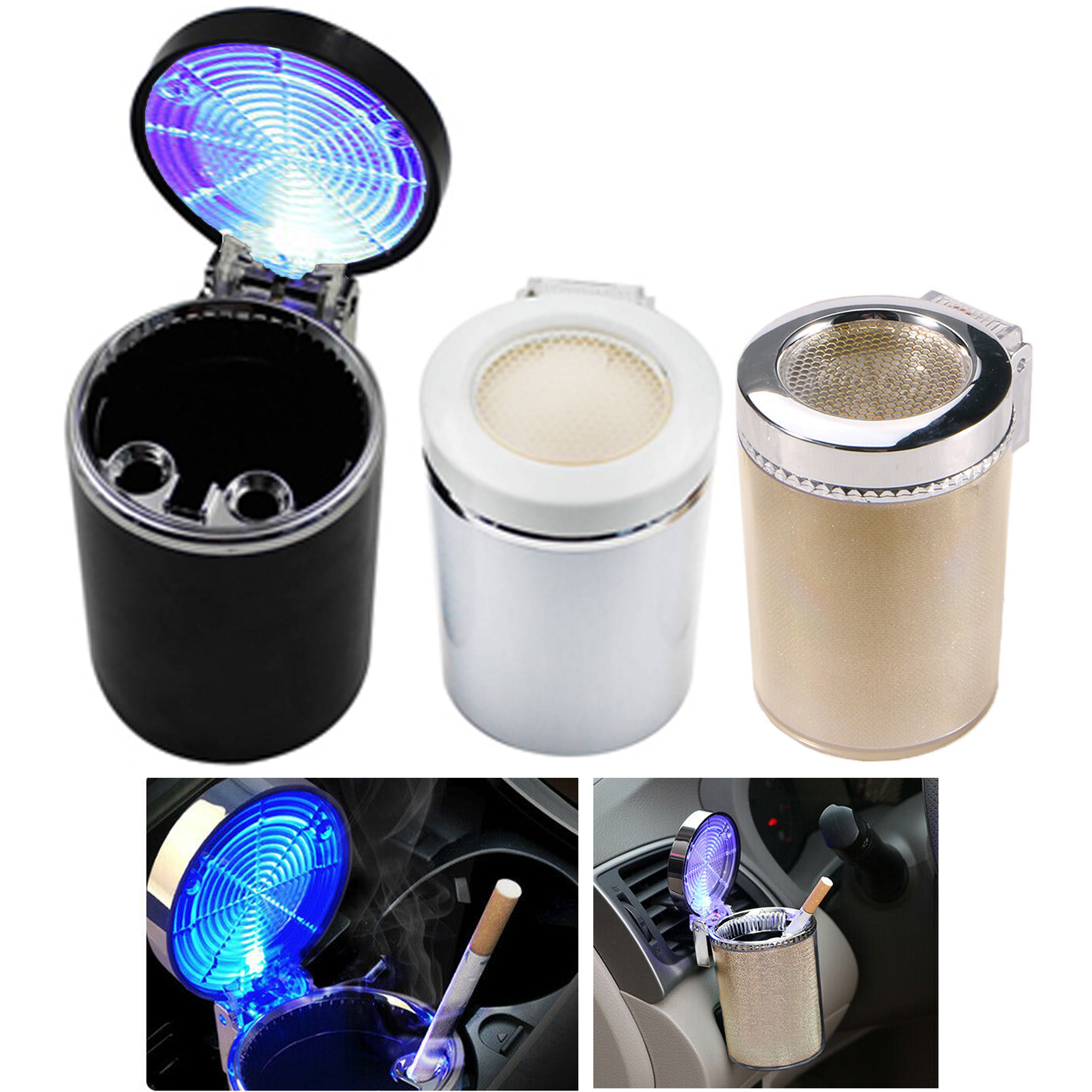 2 Pc Ashtray LED Light Butt Bucket Portable Ash Holder Auto Car Ashes ...