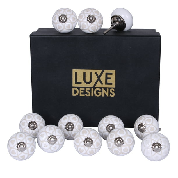 Luxe Designs | Set of 12 Decorative White Floral Ceramic Knobs - Drawer Pulls for Office Drawers ...