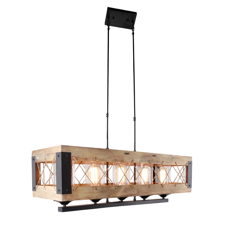 Hoss 5-Light Fixture with Clear Glass and Jute/Solid Wood/Black Iron ...