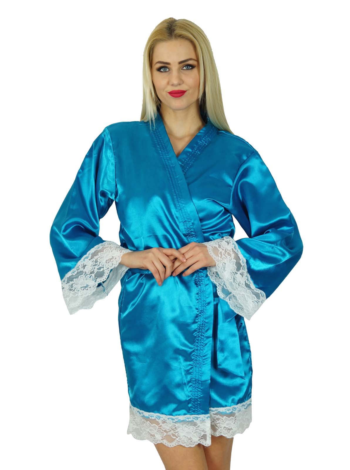 Bimba Women Kimono Sleeve Satin Short Robe Bride Bridesmaid Lace Robes ...