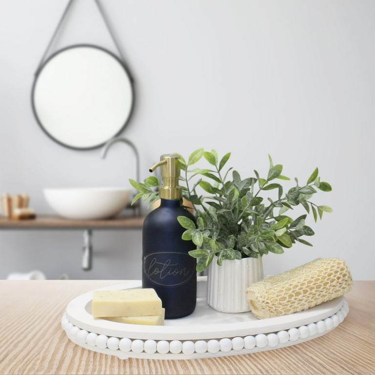 AuldHome Design Wood Beaded Tray White Decorative Farmhouse Style Oval Wooden Tray