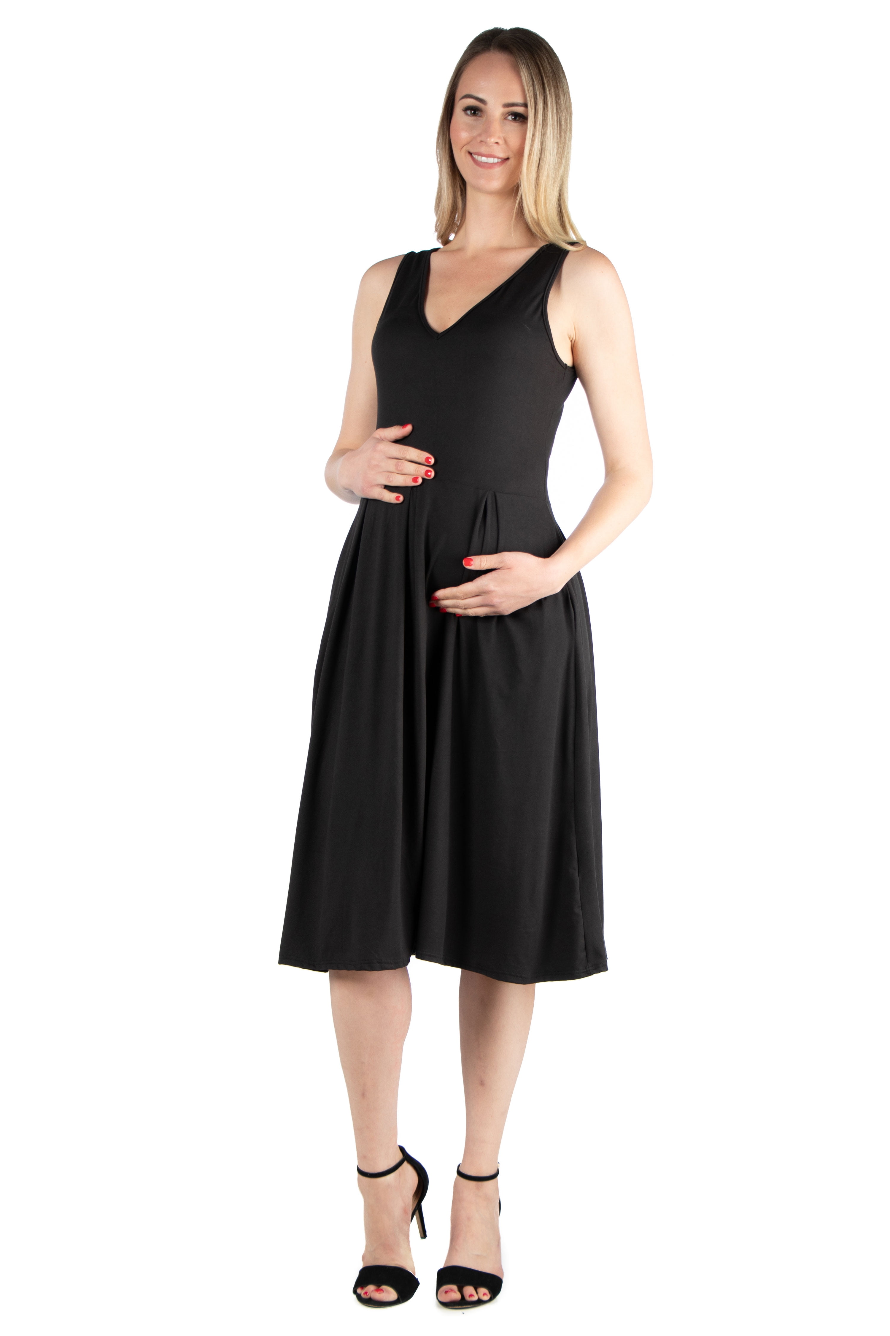 24seven Comfort Apparel Sleeveless Midi Maternity Fit and Flare Pocket ...