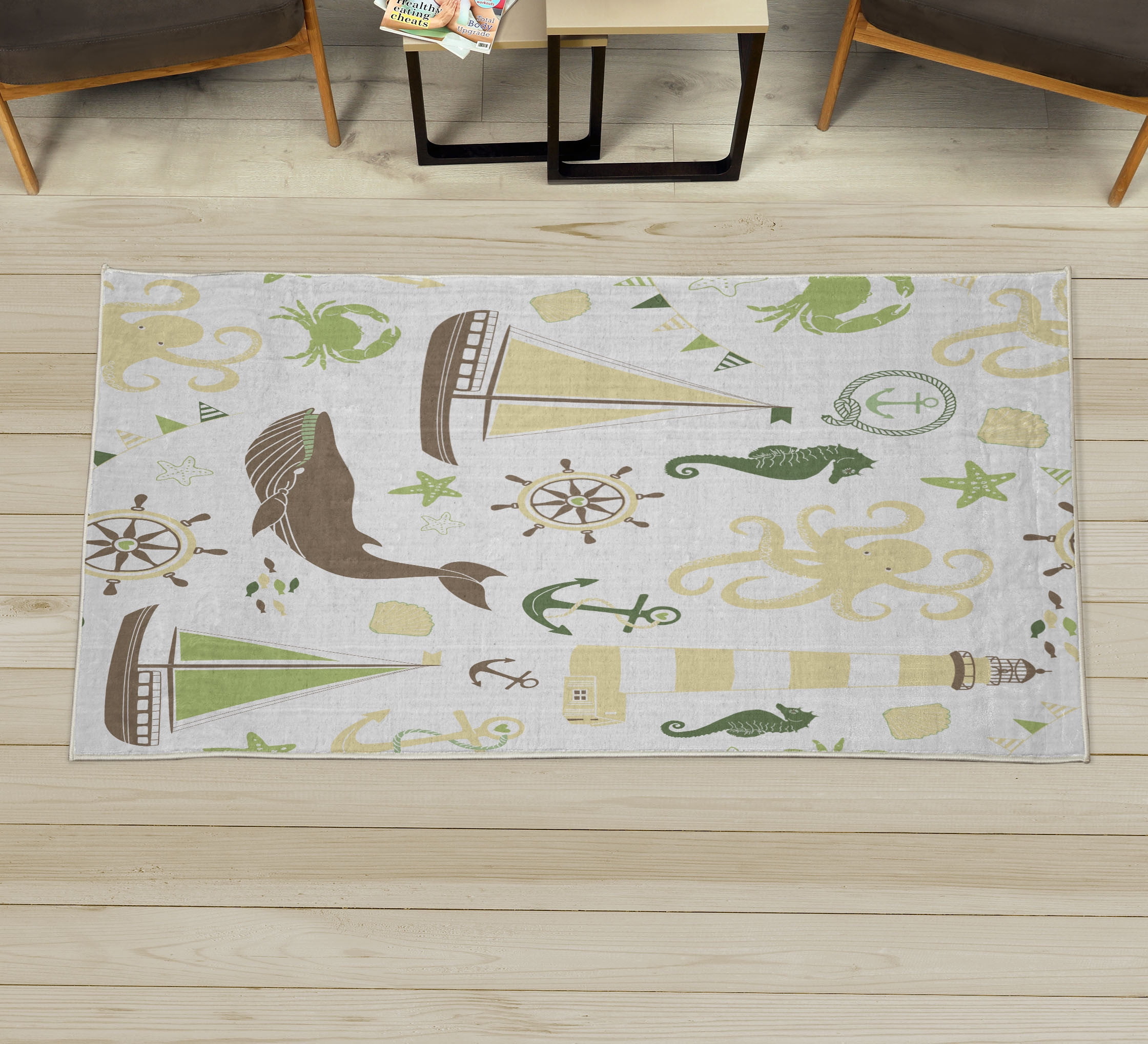 Nautical Decorative Rug, Pastel Colored Composition of Lighthouse ...