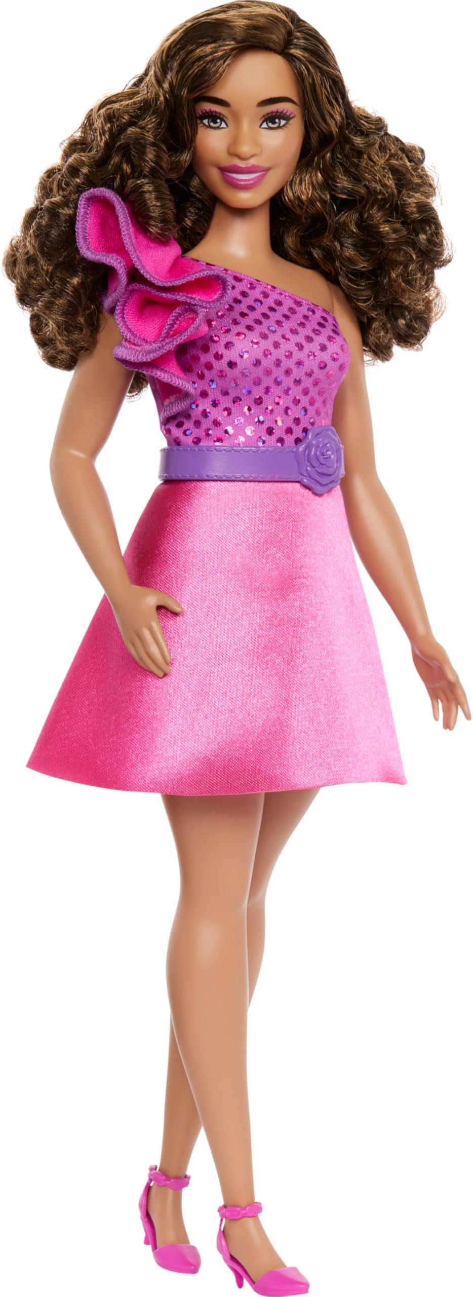 Barbie Fashionistas Doll #225, Curvy Body Type with Brown Hair, Pink Sparkly Dress & Accessories ...