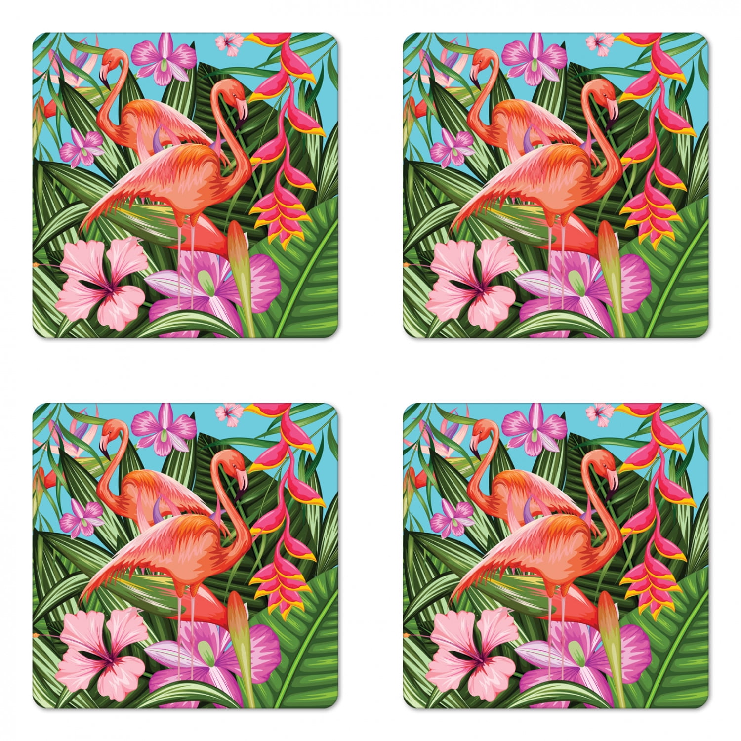 Flamingo Coaster Set of 4, Illustration of Animal Tropical Garden ...