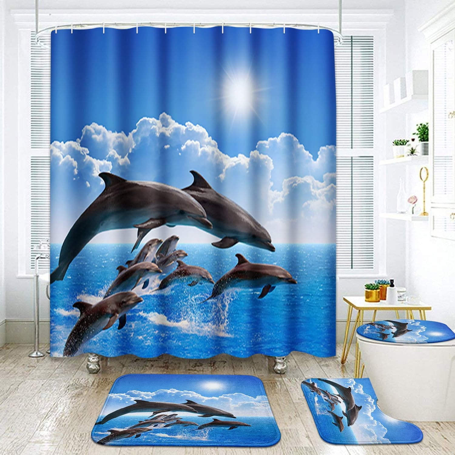 FMSHPON Jumping Dolphins Blue Sea Sky White Clouds Beautiful 4 Piece ...