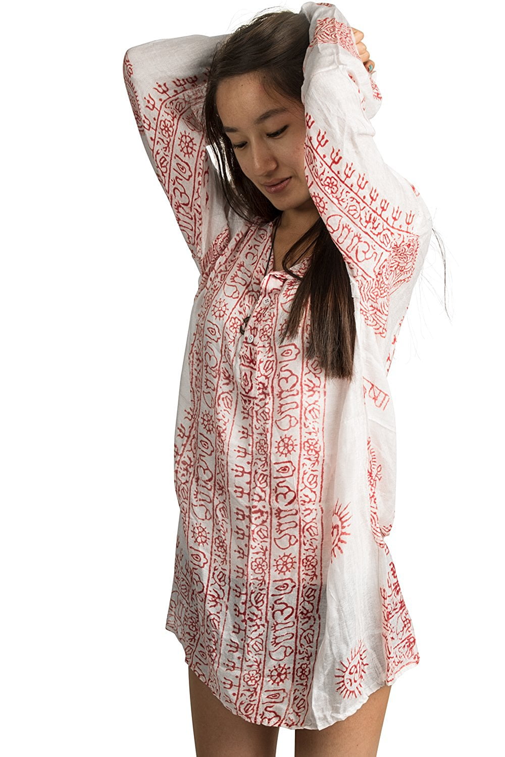 Tribe Azure Summer Hippie Boho Womens Long Sleeve White Tunic Casual