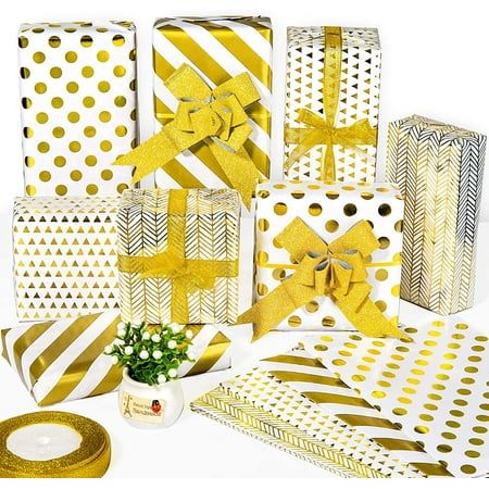 e Gift Wrapping Paper Set 8 Sheet White Gold Wrapping Paper with 10 ...
