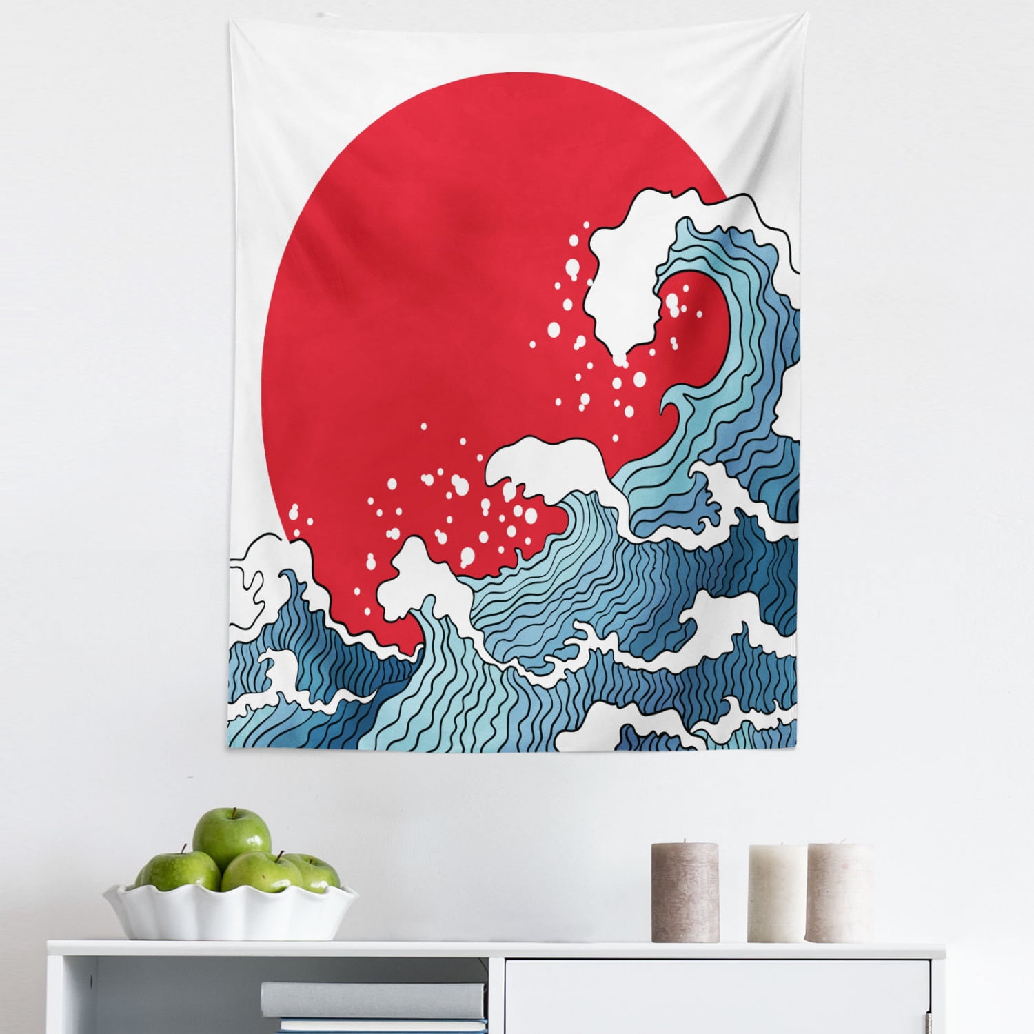 Japanese Wave Tapestry, Big Red Sun Setting Scenery Tropical Nautical ...