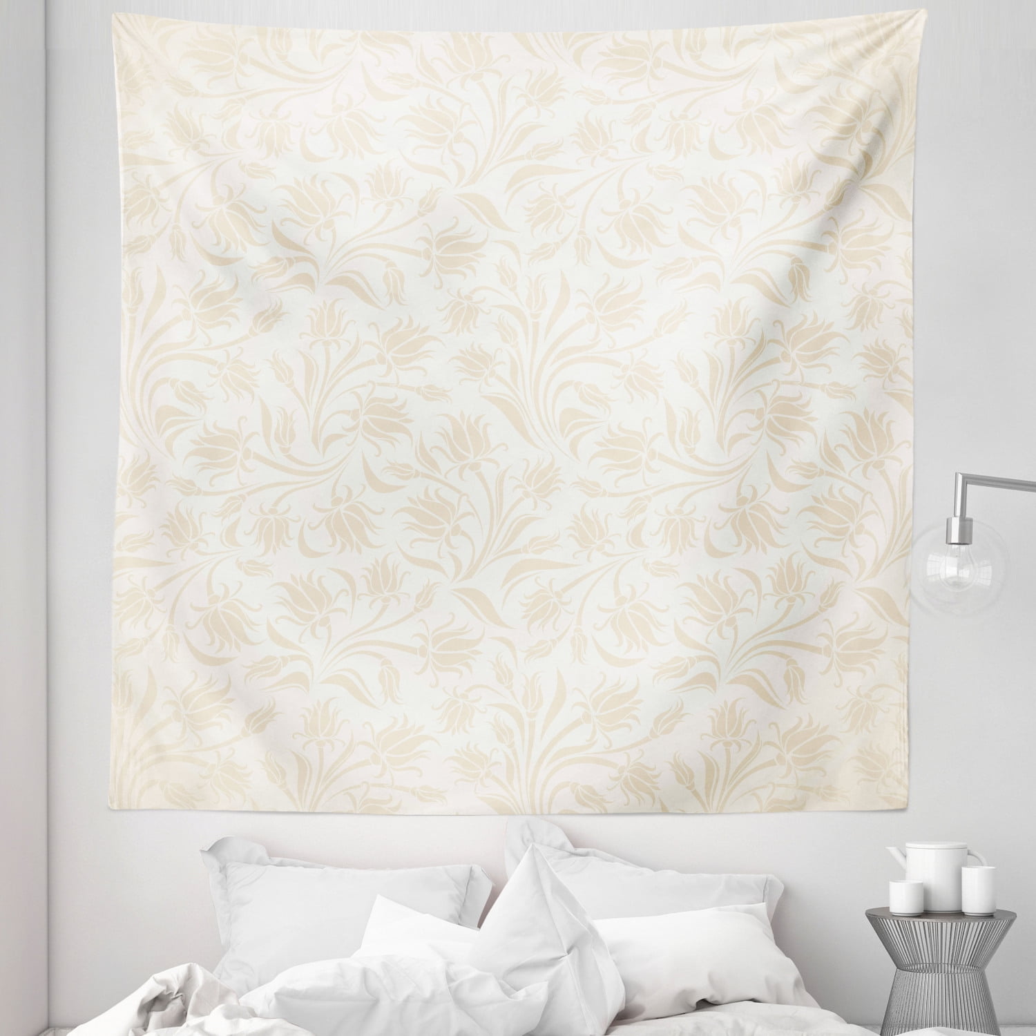 Ivory Tapestry, Baroque Style Curved Leaves and Floral Blooms Nature ...