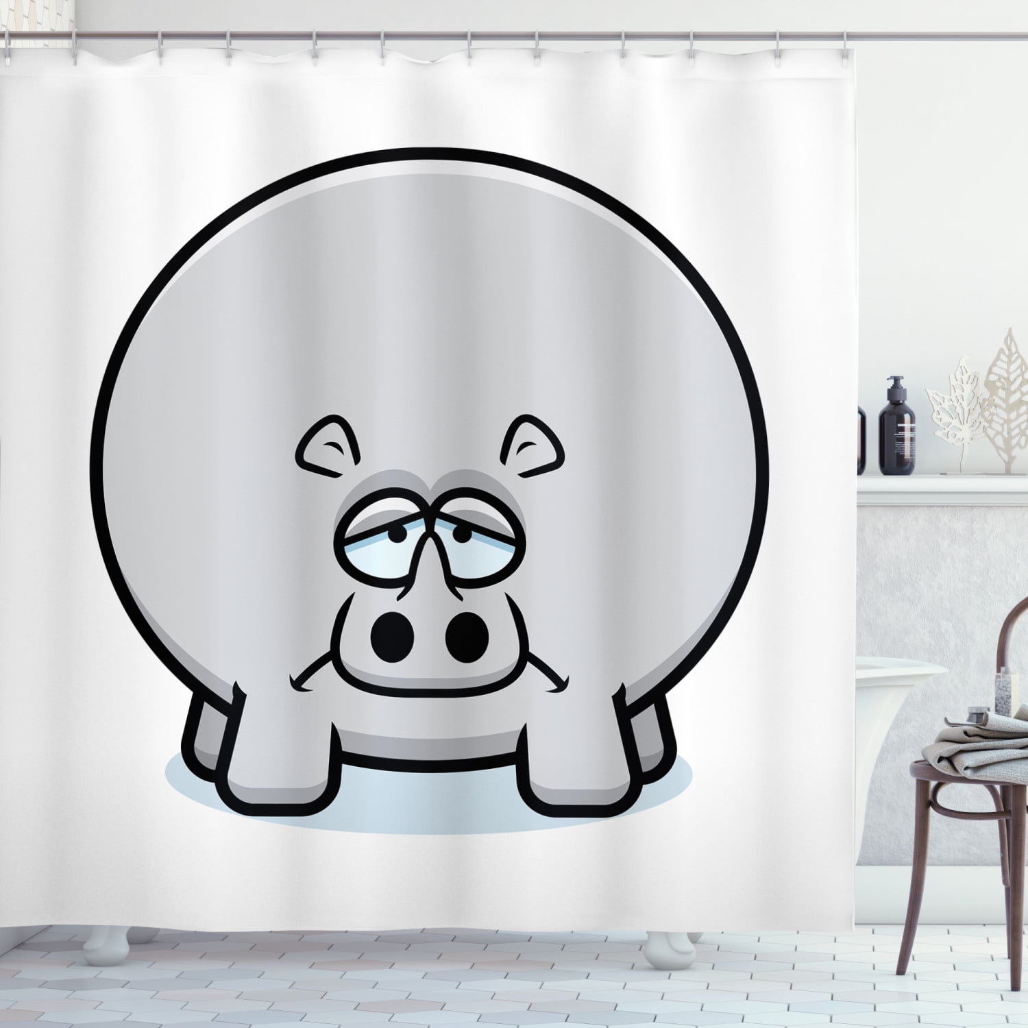 Rhino Shower Curtain, Animal with Sad Expression Nursery Cartoon Design ...