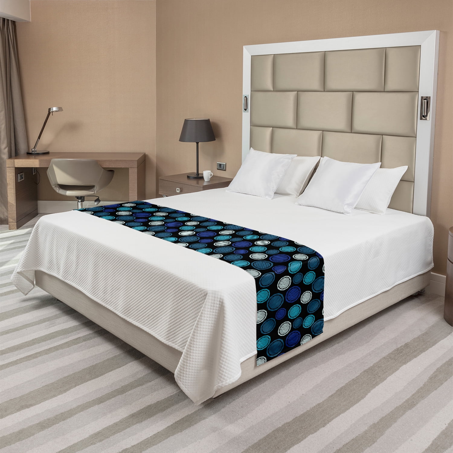 Abstract Bed Runner, Blue Color Palette Polka Dots Circular Shapes with ...