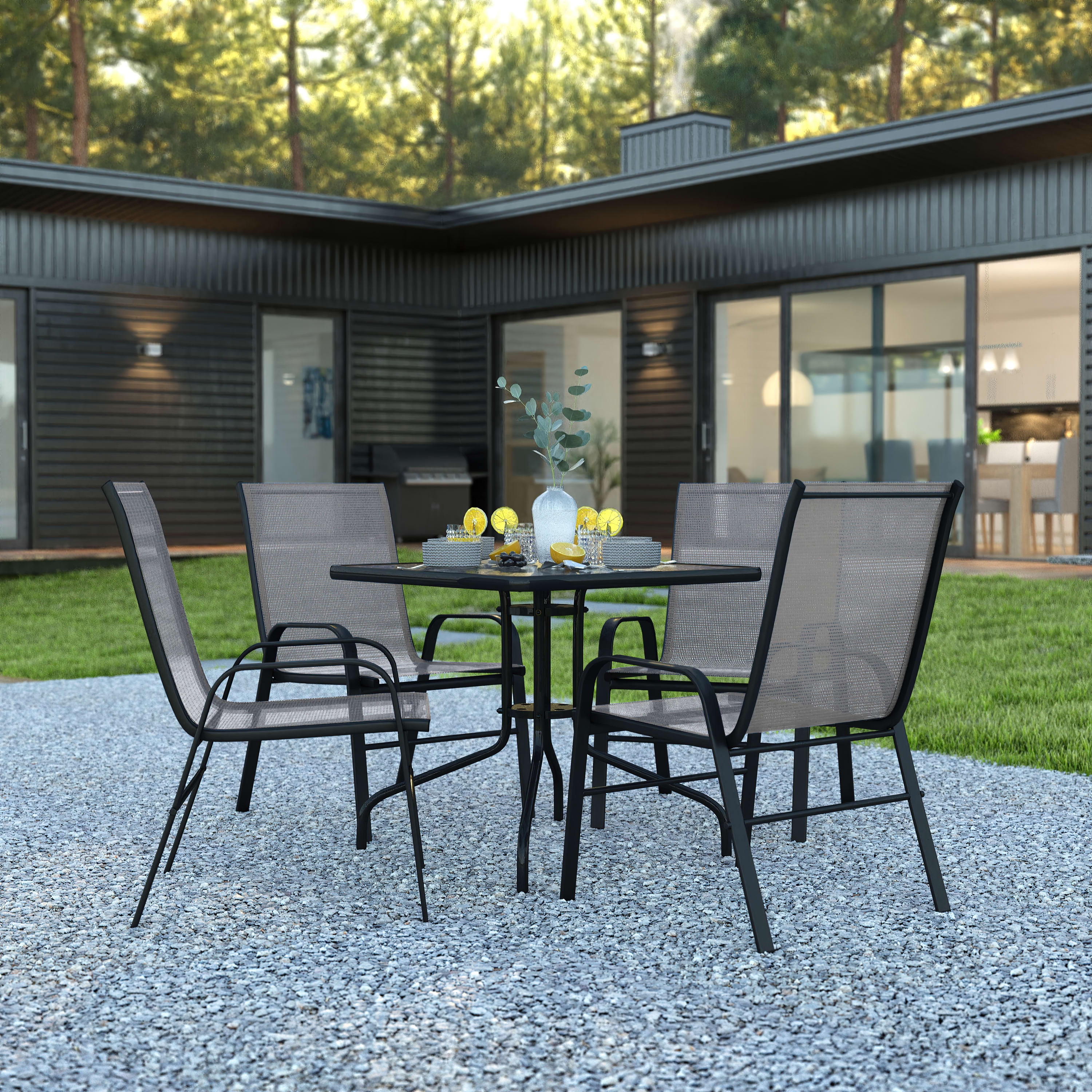 BizChair 5 Piece Outdoor Patio Dining Set - 31.5" Square Tempered Glass ...
