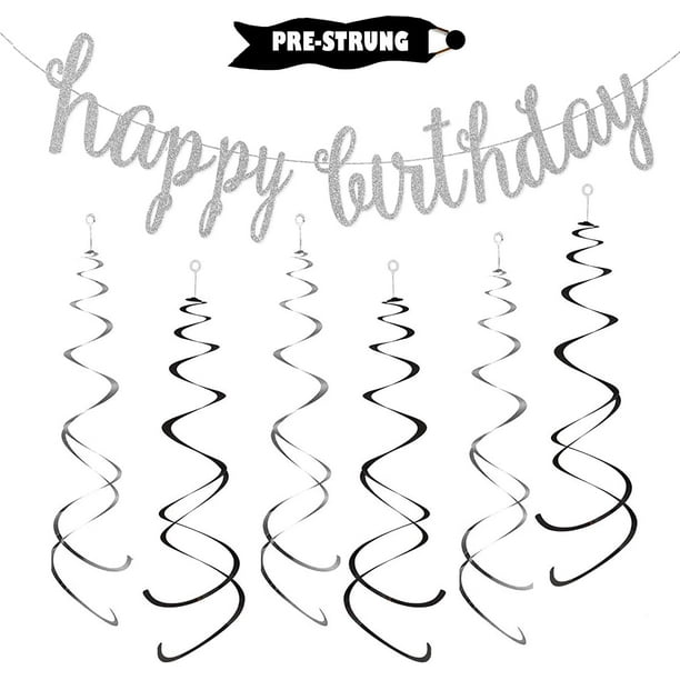 7PCS Silver Happy Birthday Banner Hanging Swril Birthday Decoration Kit ...