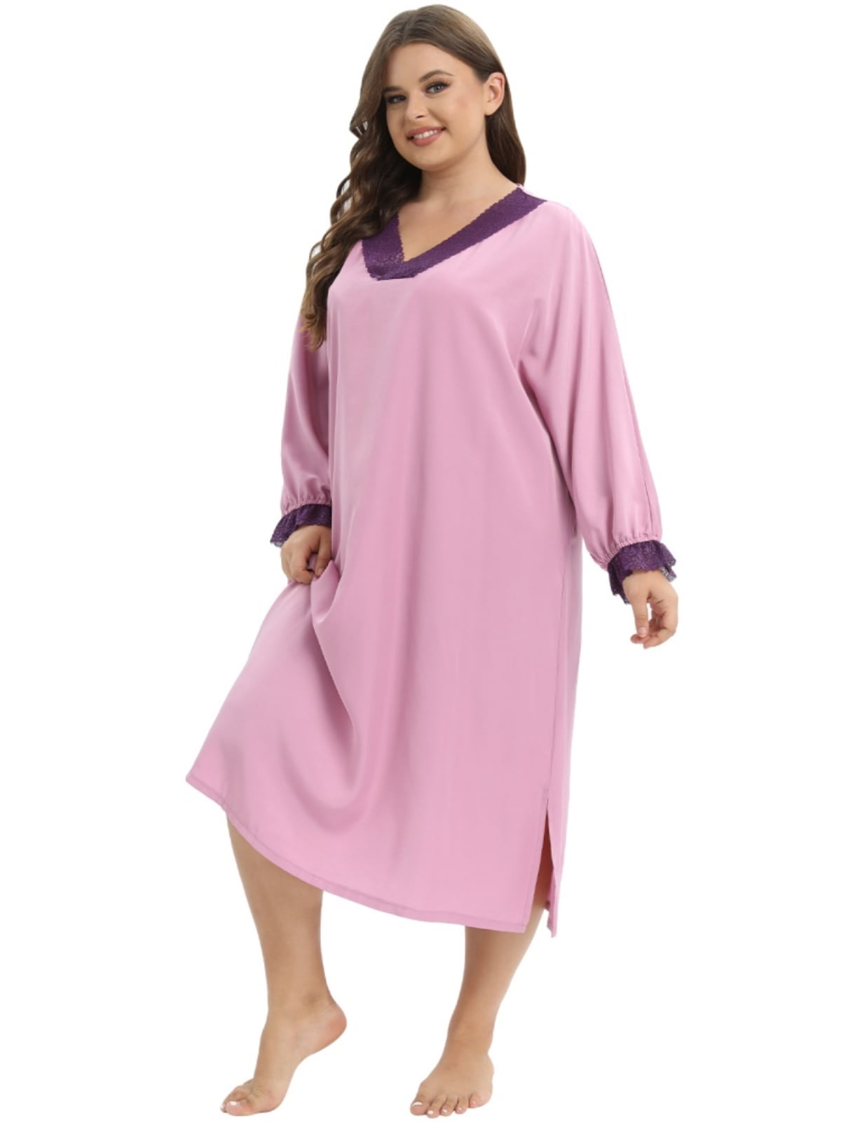 EFINNY Women Plus Size Lace Trim V Neck Long Sleeve Pajamas Dress ...